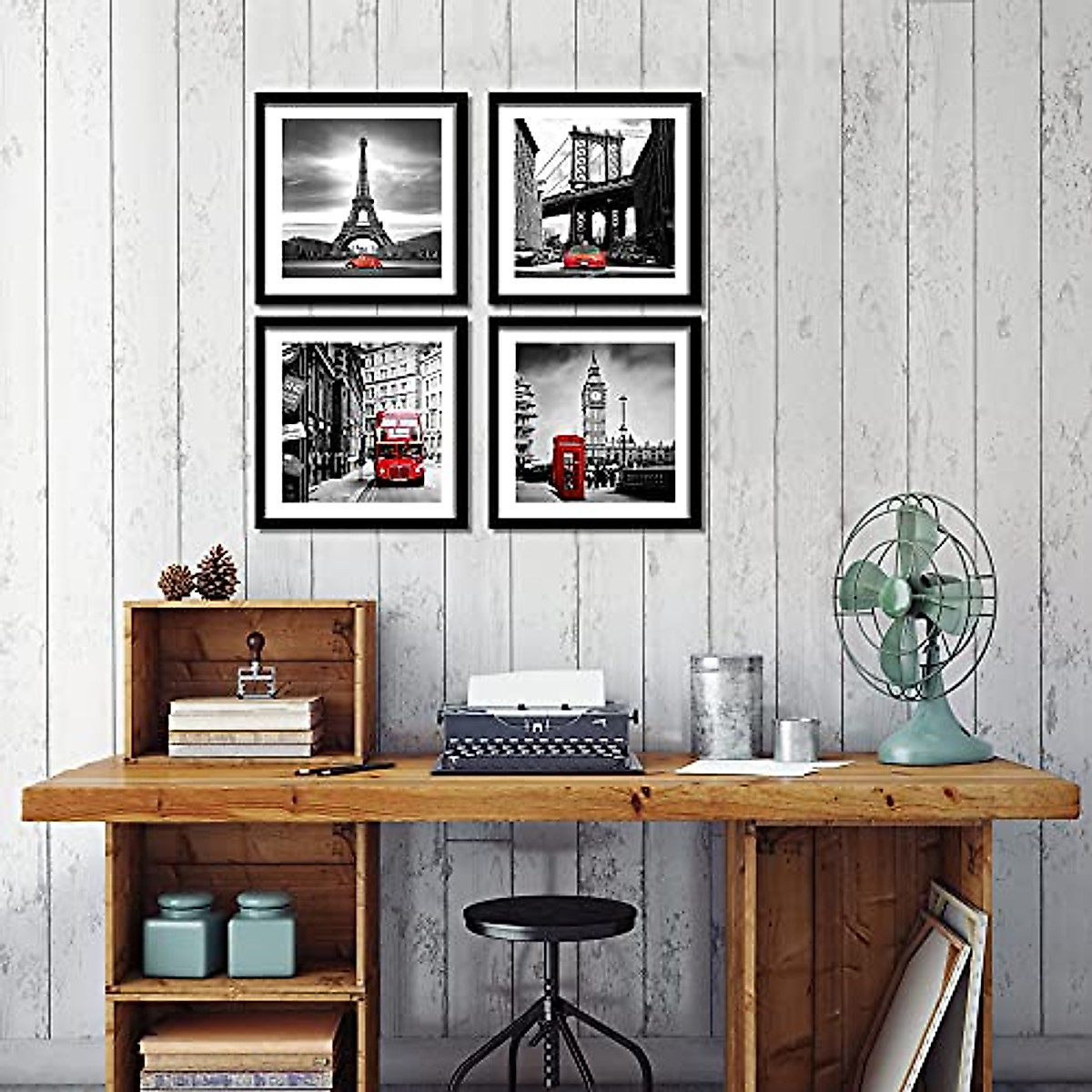 ENGLANT 4 Pieces Framed Canvas Wall Art, Black White and Red Wall Decor Landscape Poster with Eiffel Tower, Brooklyn Bridge, London Big Ben Picture for Bedroom and Bathroom
