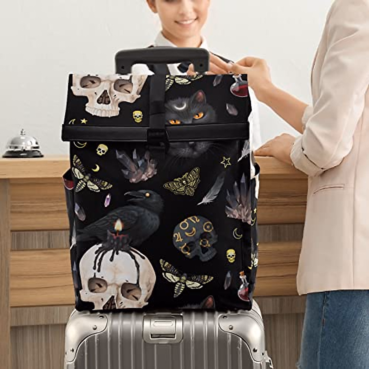 MNSRUU Roll Top Travel Backpack Goth Skull Moth Laptop Backpacks for Women Men School Book Bag for College Students, Carry On Casual Daypack Backpacks