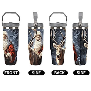 BWQJKUO Large Capacity Car Cup 30 Oz Stainless Steel Santa Claus And Deer Elk Printed Travel Mug Leak-proof Flip Straw Tumbler with Handle,keeps Cold Or Ho