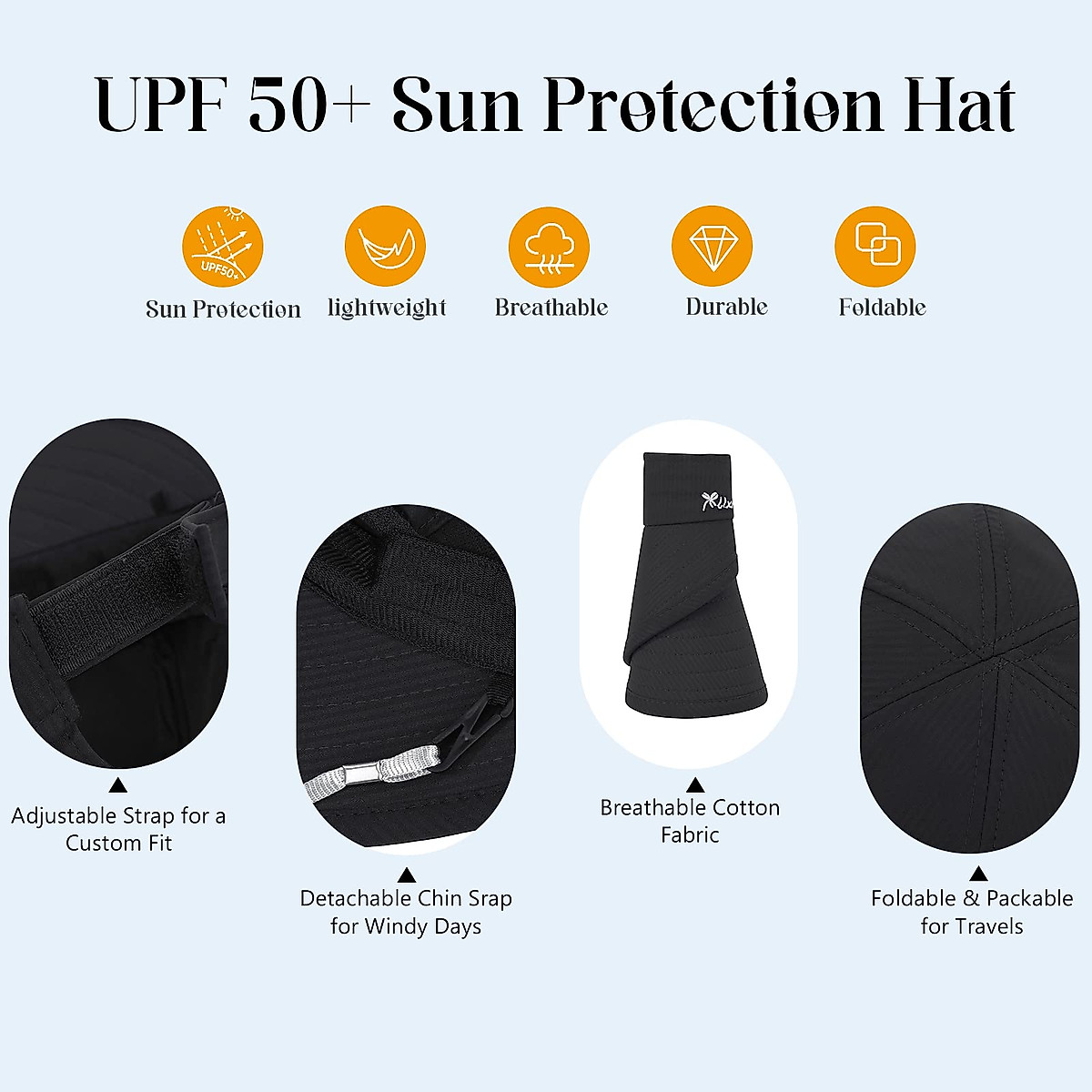 Sun Hats for Women UV Protection Visor Wide Brim Summer Beach Hat Womens Packable Golf Hat Black