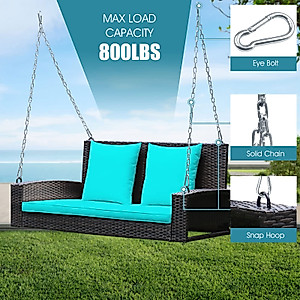 Tangkula 2-Person Wicker Hanging Porch Swing, Patiojoy Outdoor Rattan Swing Bench W/ 2 Back Cushions & 1 Seat Cushion, Sturdy Steel Chain, 800lbs Weight Capacity, Suitable for Deck, Backyard, Garden