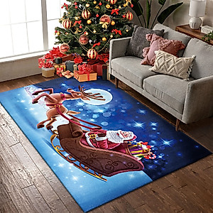 Christmas Blue Area Rugs Christmas Santa Claus Elk Carpet for Living Room Bedroom Floor Mat Throw Rug 59x40 inch