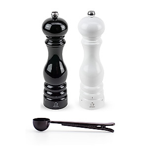 Peugeot Paris u'Select Salt & Pepper Mill, Gift Set, Black & White Lacquer - With Stainless Steel Spice Scoop/Bag Clip (9 Inch)