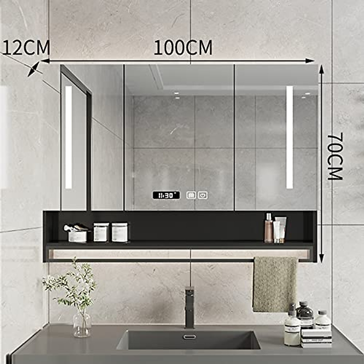 ZJIEX Medicine Cabinet, LED Bathroom Mirror Cabinet, Anti-Fog 32x28in Wall Mirror with Mirror Doors & Towel Bar, Multipurpose Storage Organizer (Color : Black, Size : 40x28in/100x70cm)
