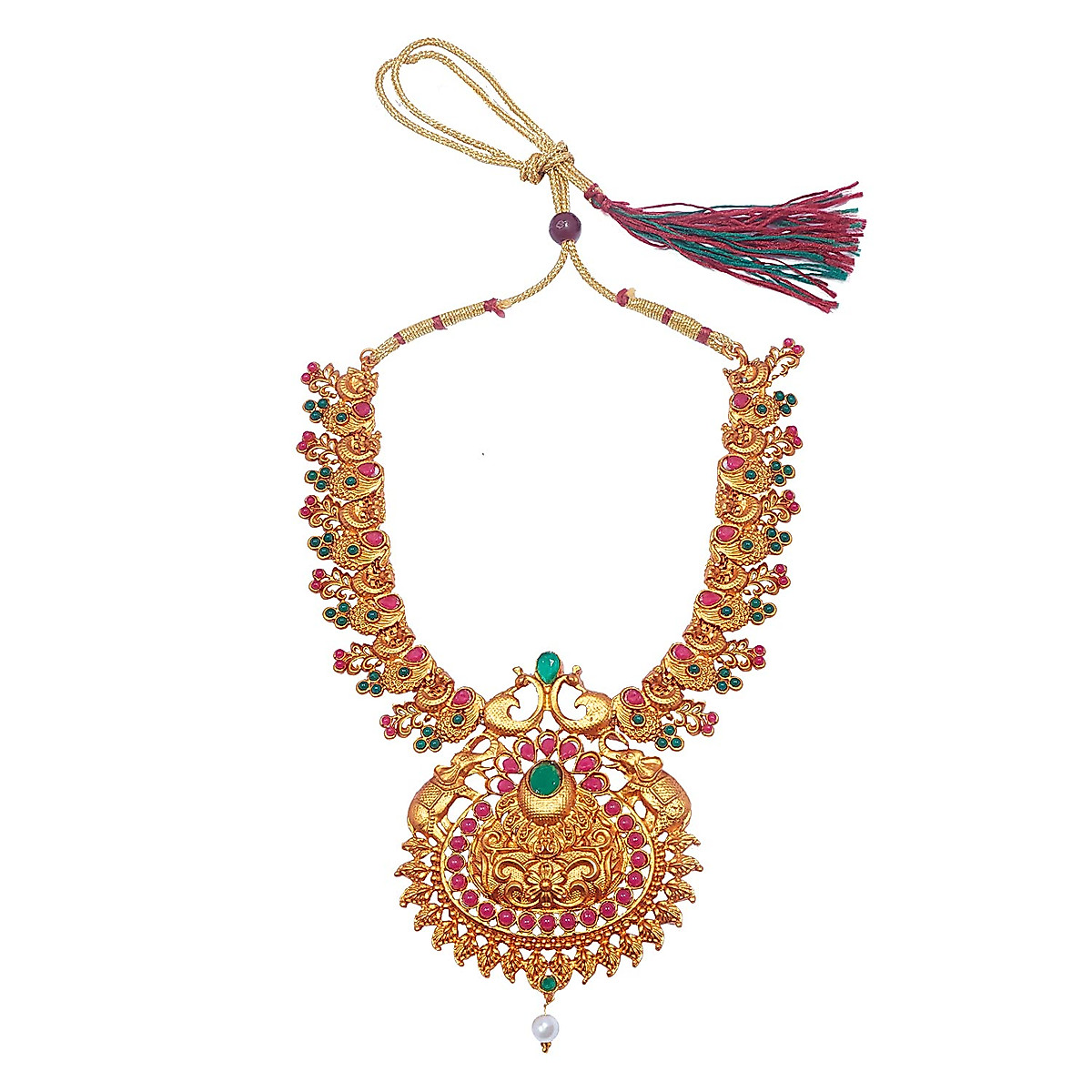 Bodha Tradtional Indian Handcrafted Antique Gold Plated Temple Jewellery Combo Bridal Dulhan Necklace Set With Matching Earring & Pearls For Women (SJ_2925)