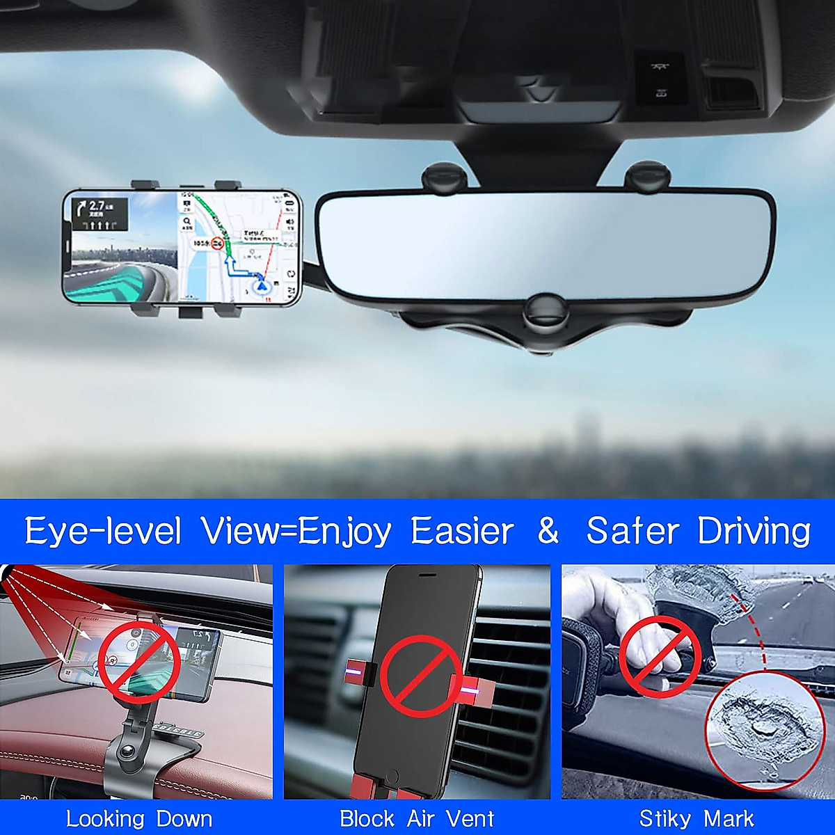 Kairiyard Car Phone Holder Mount, Car Rearview Mirror Phone Holder 360°Rotatable and Retractable Multifunctional Universal Cell Phone Mount Stand for All Mobile Phones