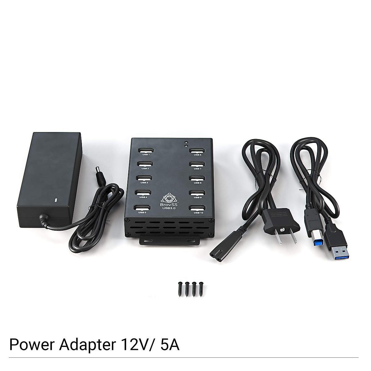 BrovSS: 10 Ports USB 2.0 Powered Hub - USB Extension Splitter with 12V 5A 60W Power Adapter. Connect up to 10 Electronics and USB peripherals. (Black)