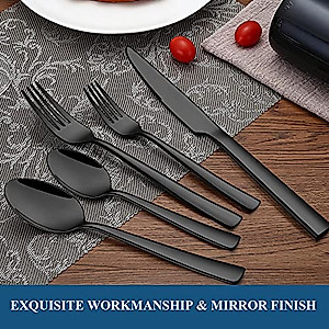 Wildone 40-Piece Black Silverware Set, Stainless Steel Flatware Square Cutlery Set Service for 8, Eating Utensils Include Knife Fork Spoon, Mirror Polished & Dishwasher Safe