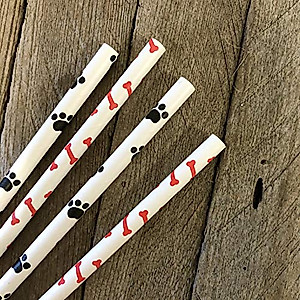 Dog Theme Bone and Paw Print Paper Straws - Black White Red - 50 Pack Outside the Box Papers Brand