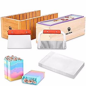Soap Molds Making Kit with Wooden Cutter Measuring Box (44oz Purple Silicone) | for Adults, Melt and Pour or Cold Process, 100pc Bags, Stainless Steel Wavy & Straight Slicer