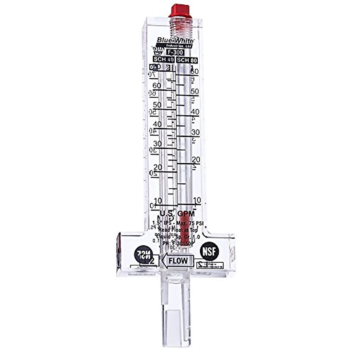 Blue-White Flowmeter for 1-1/2" PVC Pipe, Horizontal Installation