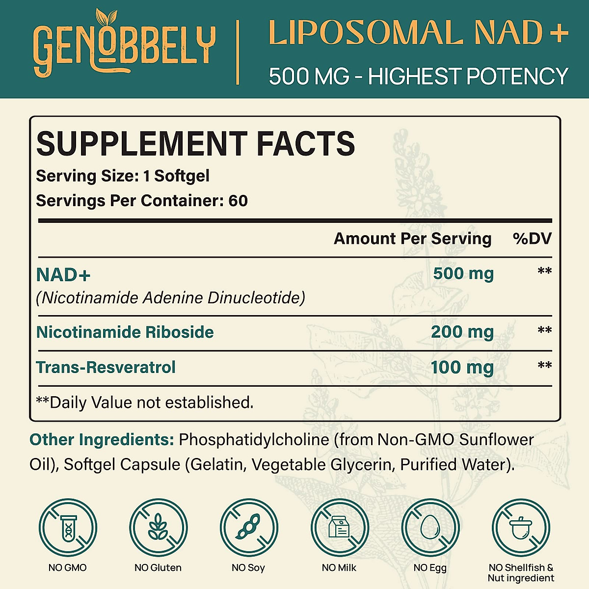 GENOBBELY 800 mg Liposomal NAD+ Supplement with Nicotinamide Riboside 200 mg, Trans-Resveratrol 100 mg - True NAD Supplement for DNA Repair, Healthy Aging, Brain Function - 120-Day Supply.
