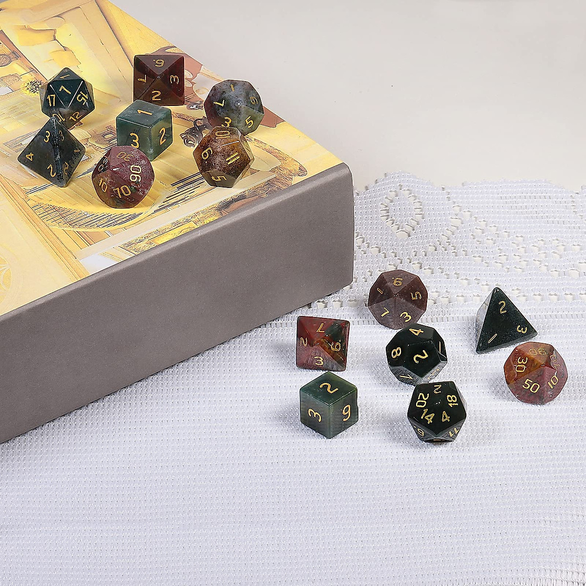 mookaitedecor Bundle - 2 Items: 7 PCS Indian Agate Crystal Polyhedral DND Dice Set & Pack of 15 Natural Rose Quartz Crystal Heart Love Stones Carved Palm Worry Stone for Home Decor