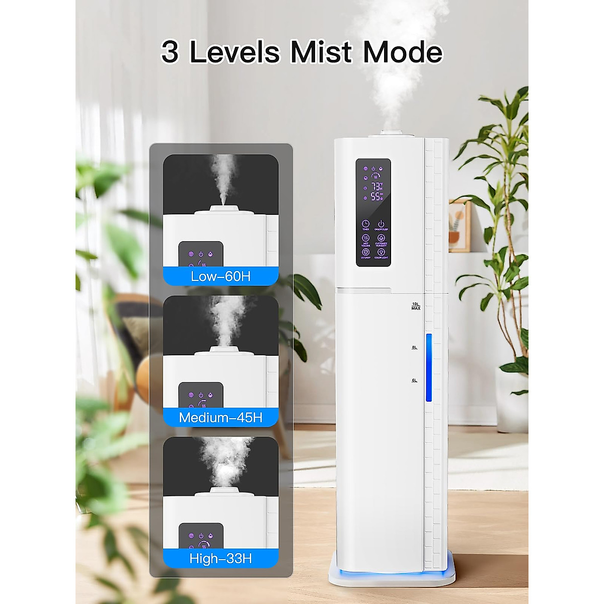 Petsaint Humidifiers for Bedroom, 2.64Gal/10L Ultrasonic Cool Mist Humidifier Large Room, Covers 550ft², Top Fill, 24H Timer, 60H Runtime, 3 Mist Mode Quiet Humidifiers for Home, Office, Plant, White