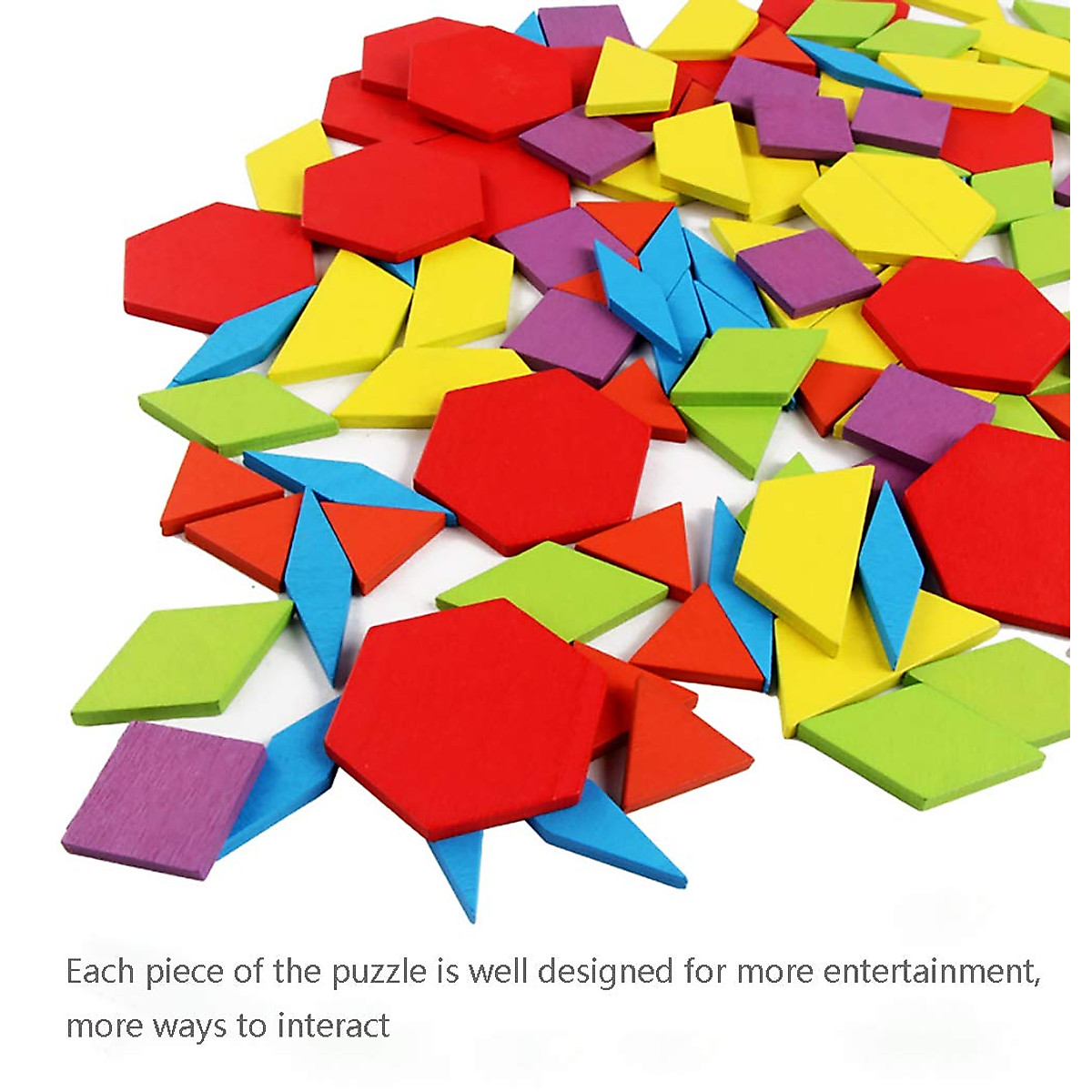 GEMEM 155 Pcs Wooden Pattern Blocks Set Geometric Shape Puzzle Kindergarten Classic Educational Montessori Tangram Toys for Kids Ages 4-8 with 24 Pcs Design Cards