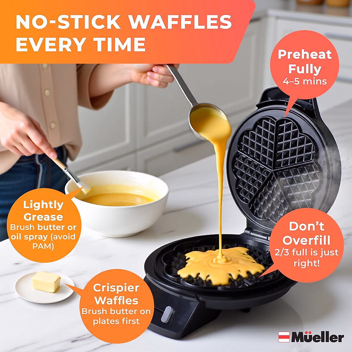Mueller Heart Waffle Maker, 5 Belgian Waffle Iron, Adjustable Browning Control, Cool Touch Handle, Compact and Easy to Clean, Great Valentines Day Gift