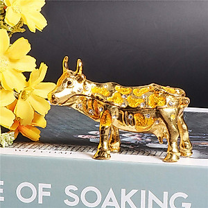 Waltz&F Golden Bull Hinged Trinket Box Bejeweled Hand-Painted Ring Holder Animal Collectible Figurine Decoration