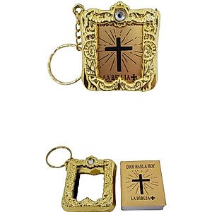 CL Gift 12 x Mini Bible Keychain English Spanish Gold Silver Holy Bible Religious Favor/Baptism Favor/First Communions, Baptism, Wedding Shower (Spanish (Gold))