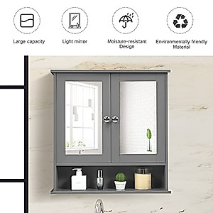 GLACER Bathroom Medicine Cabinet, Hanging Storage Cabinet with Double Mirror Doors, Perfect for Bathroom, Living Room, Corridor, Cloakroom, 22 x 5 x 23 inches (Grey)