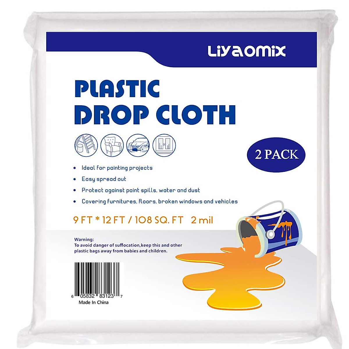 Liyaomix 2-Pack 2 Mil Plastic Drop Cloth for Painting 9ft x 12ft, Heavy Duty Plastic Painters Drop Sheet, Waterproof Plastic Painting Tarp for Floor Covering