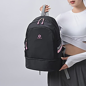Women Sports Backpack Gym Bag with Shoe Compartment Wet Pocket Travel Backpacks Lightweight Water Resistant Workout Bag (9270-Pink&Black) 17 inch