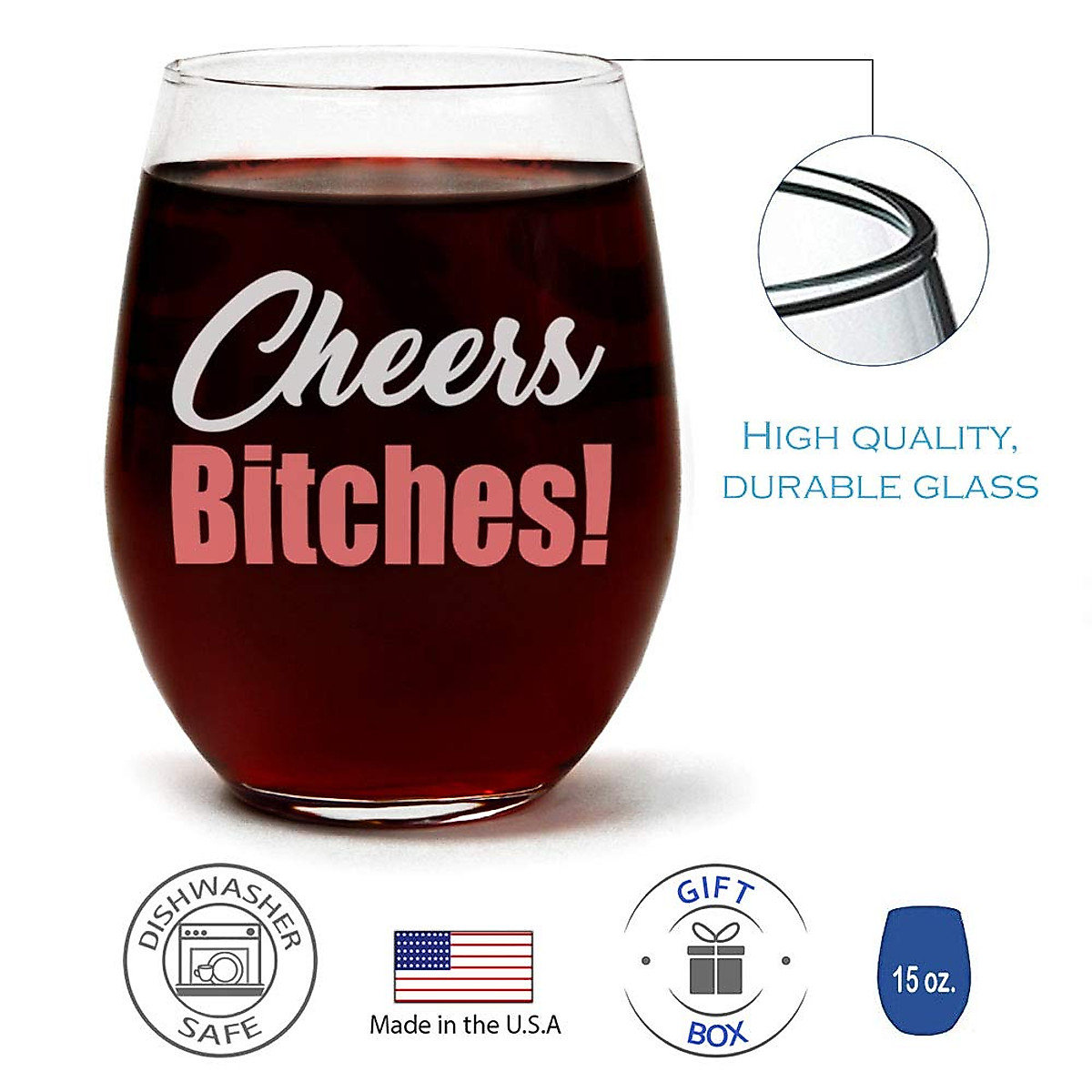 Cheers Funny Cute Wine Glass,Stemless 15oz, Box, Happy Birthday for Women or men, Unique Idea for Her, Mom, Wife, Girlfriend, Sister, Grandmother, Aunt, Friend, BFF, Coworker