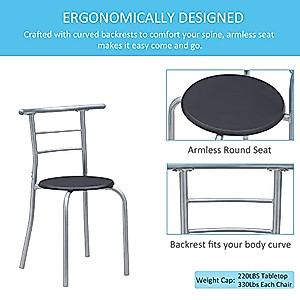 VECELO 3 Piece Wood Round Table & Chair Set for Dining Room Kitchen Bar Breakfast, with Wine Storage Rack, Space Saving, 31.5, Black
