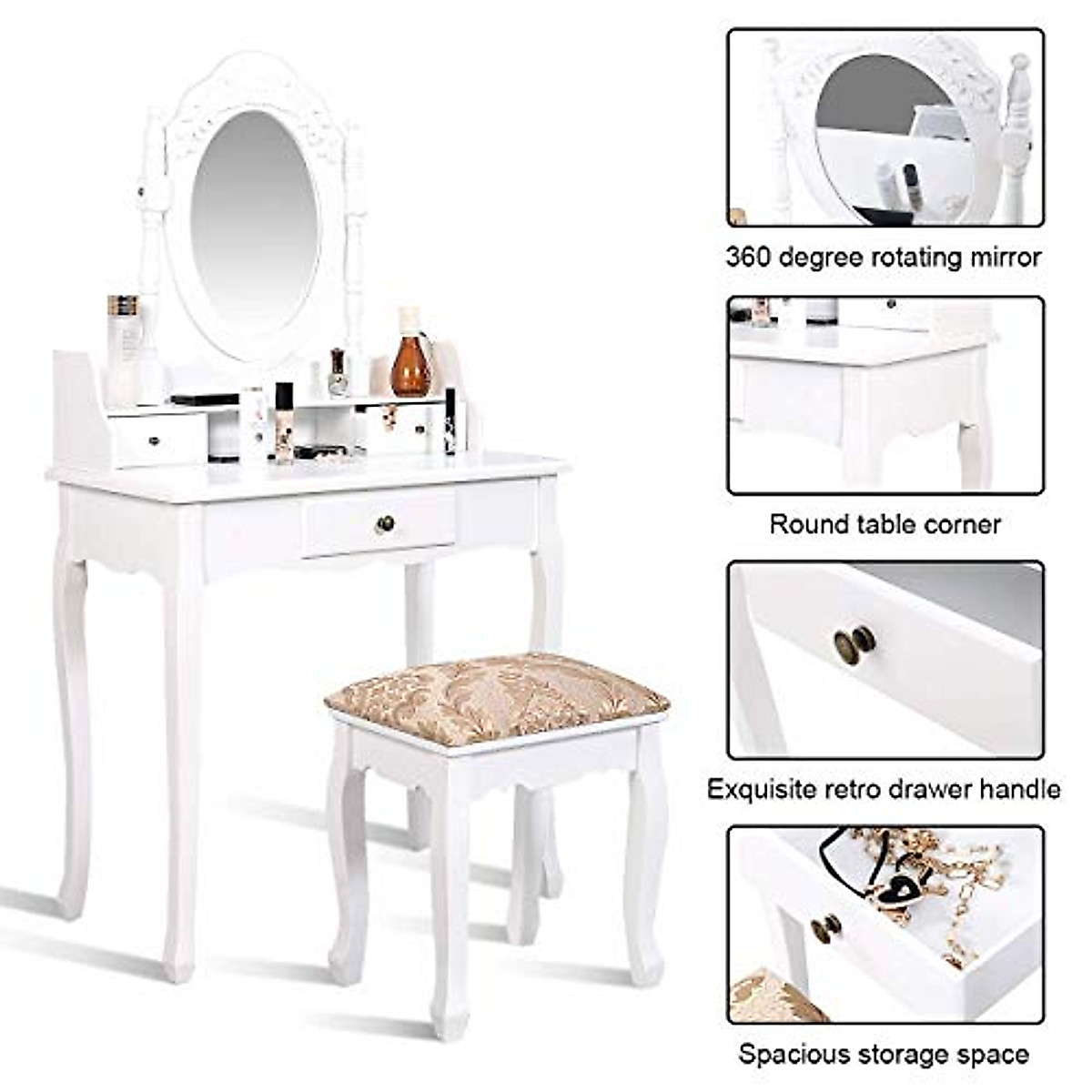 Giantex Vanity Set Makeup Dressing Table with Mirror, White Vanity Tables for Bedroom Bathroom Large Dress Table Vanity Desk with Padded Bench Chair, Vanities with Stool