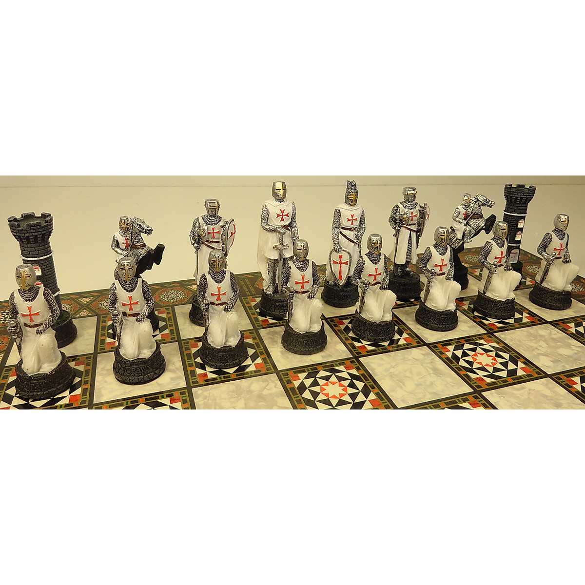 Medieval Times Crusades Warrior Chess Set Blue & White Maltese Cross with 16 1/2" Mossaic Color Board