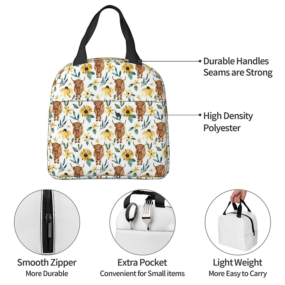 bzaxxqi Highland Cow And Sunflowers Wildflowers Lunch Bags For Women Men,Cow Lunch Box Reusable Tote Bag With Pocket Lunch Handbag For Work Picnic Travel
