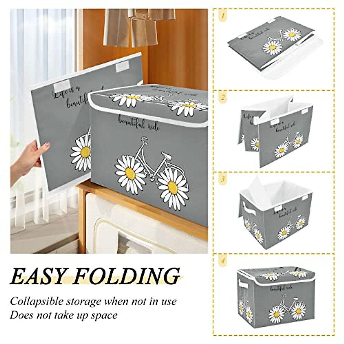 innewgogo Sunflower Bike Storage Bins with Lids for Organizing Collapsible Storage Cube Bin with Handles Oxford Cloth Storage Cube Box for Car