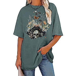 Women Oversized Skull Shirts Skeleton Floral Graphic Loose Tshirts Halloween Teen Girls Baggy Trendy Top