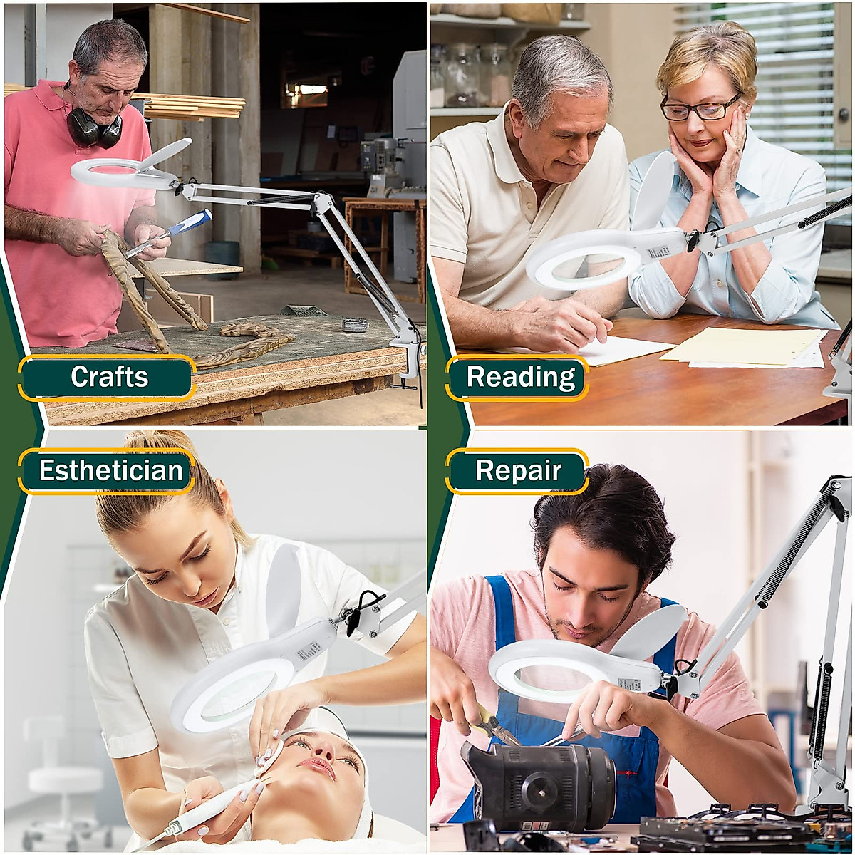 10X Magnifying Glass with Light and Stand, TOMSOO Real Glass LED Lighted Magnifier, 3 Color Modes Magnifying Lamp Stepless Dimmable, Adjustable Swing Arm Desk Lamp with Clamp for Reading Repair Crafts