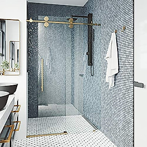 VIGO Adjustable 56-60" W x 74" H Elan Frameless Sliding Shower Door with Clear Tempered Glass, Reversible Handle in Matte Brushed Gold