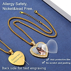 Custom Necklace with Picture Inside Photo Necklace Personalized Memorial Heart Necklaces for Women Bling CZ 18K Gold Plated Fake Gold Pendant Engraved 18'' 22'' Keepsakes Hiphop Jewelry for Lover Mother Gift for Family Couples