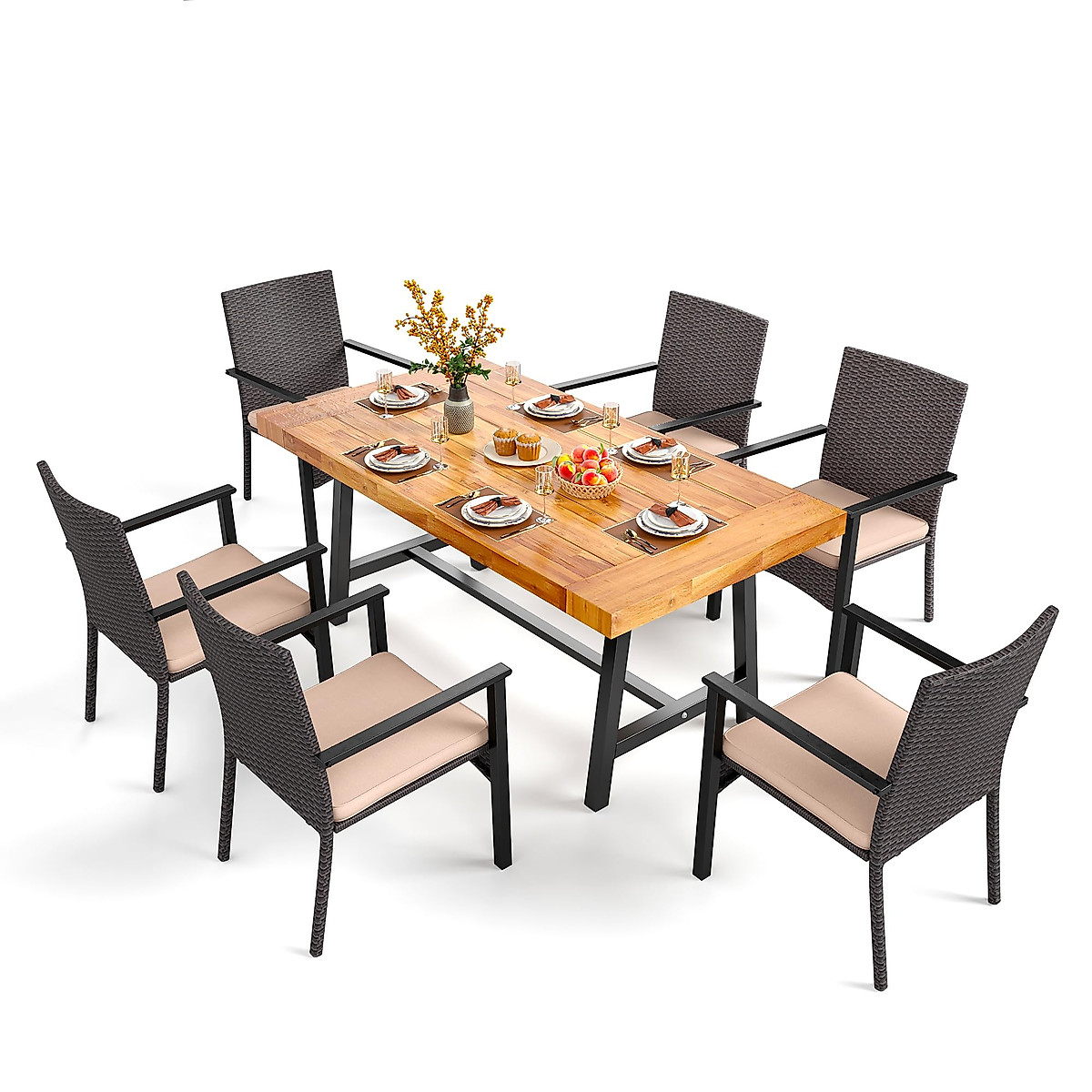 PHI VILLA 7 Piece Outdoor Dining Set for 6, 1 Acacia Wood Table & 6 Cushioned Wicker Chairs, Outdoor Dining Furniture Set for Patio,Deck, Yard, Porch