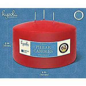 HYOOLA Red Three Wick Large Candle - 6 x 3 Inch - Unscented Big Pillar Candles - 62 Hour - European Made