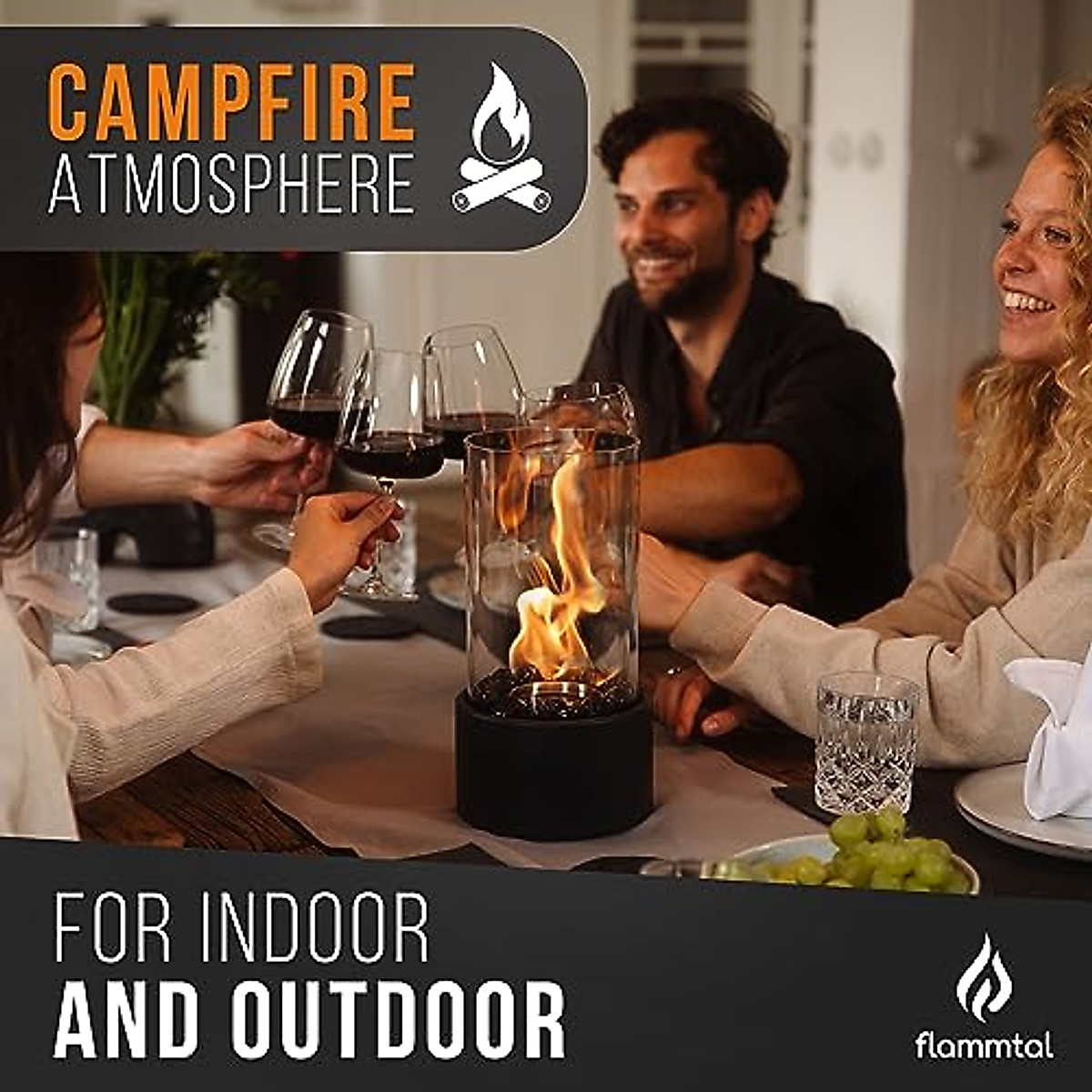 Flammtal Tabletop Fire Pit [4h Burning Time] - Indoor & Outdoor - Ethanol Table Top Fire Pit Bowl with Black & White Stones - Portable Fire Pit with 2 Combustion Chambers - Fire Bowl