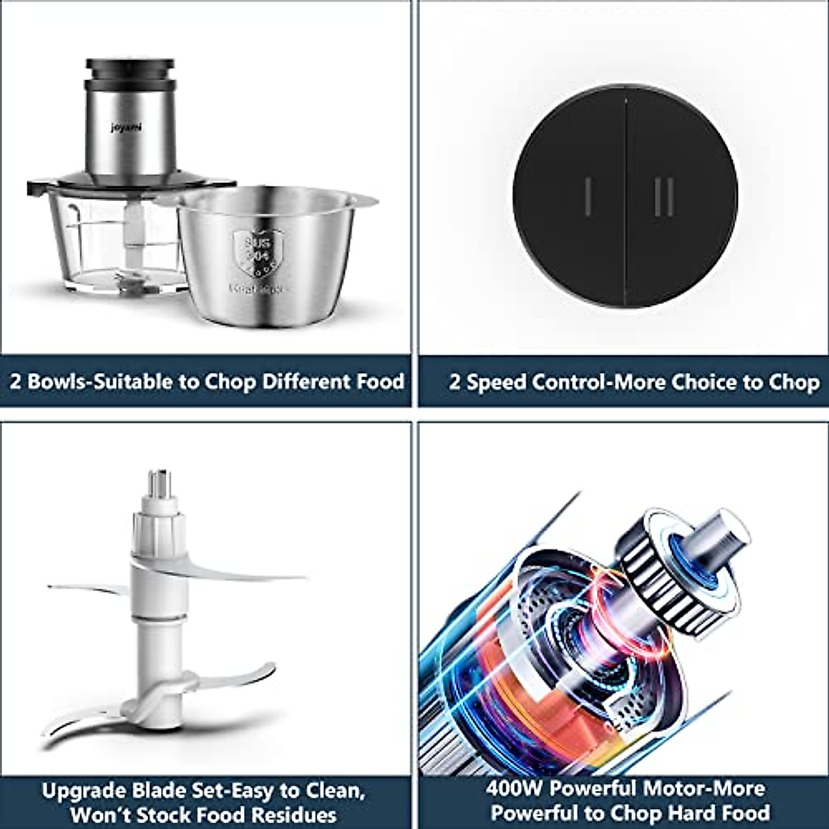 joyami Meat Grinder Electric Food Processor 2L Food Chopper with 4 Sharp Blades, Stainless Steel Bowl and Glass Bowl, 400W