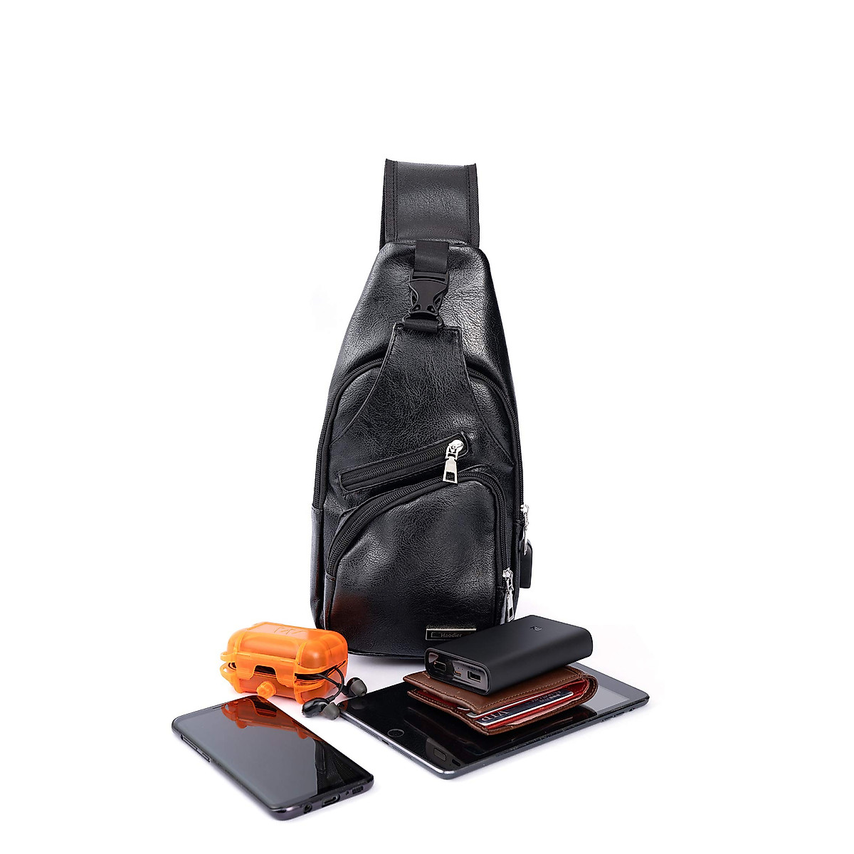 Large Vintage Men's Leather Sling Bag,Chest Shoulder Backpack, Water waterproof Crossbody Bag with USB Charging Port -Large Black