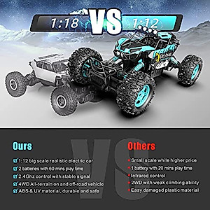 CROBOLL 1:12 Large Remote Control Car for Boys Kids with Lifting Function,4WD RC Cars Electric Monster Truck Toy Gifts 4X4 Off-Road RC Rock Crawler 2.4GHz All Terrain RC Truck with 2 Batteries(Cyan)