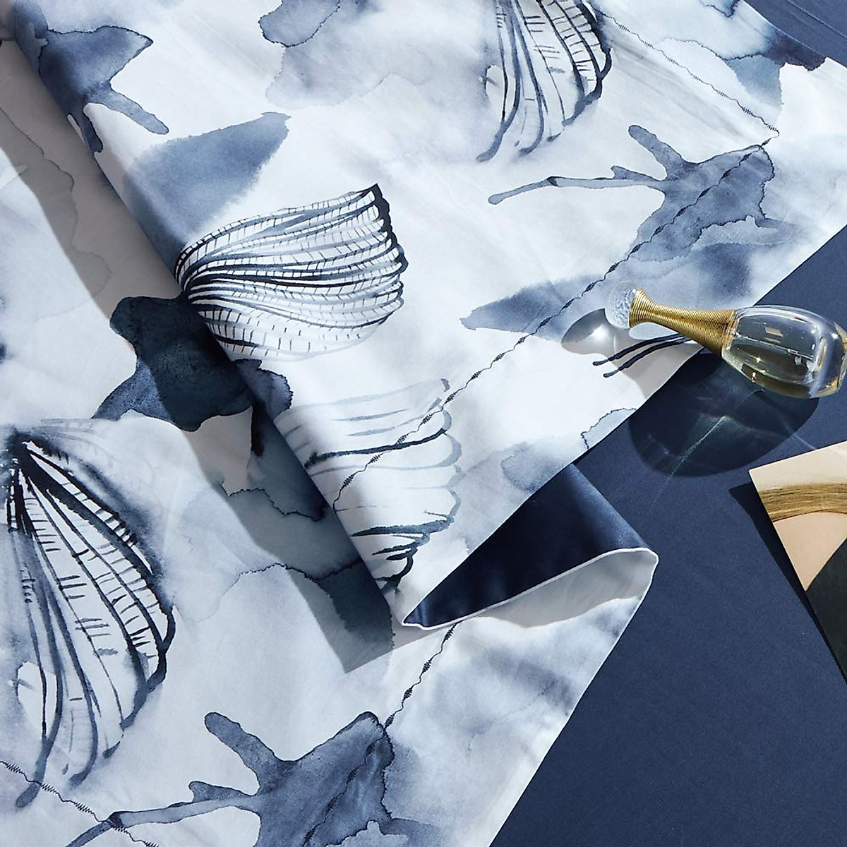 Mildly 100% Long Staple Cotton Duvet Cover Set Dark Blue Ginkgo Leaf Watercolor Comforter Cover Set