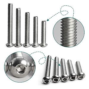 M5 x 20mm 25mm 30mm 35mm 40mm Button Head Socket Cap Screws Bolts, 304 Stainless Steel, Bright Finish, Metric Allen Hex Drive, Fully Threaded, 50PCS