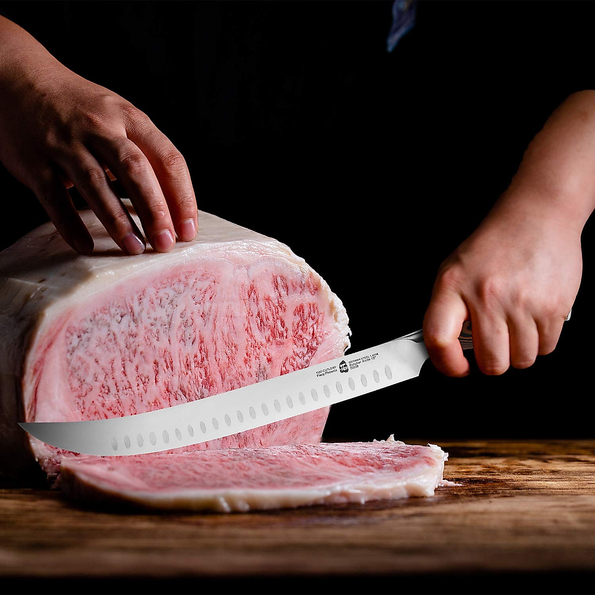 TUO Butcher Knife - 12 Inch Breaking Butcher s Knives Curved Granton Edge Carver Slicing Knife Long Meat Veggies Cleaver - German HC Steel Comfortable Pakkawood Handle - Fiery Series Gift Box Included