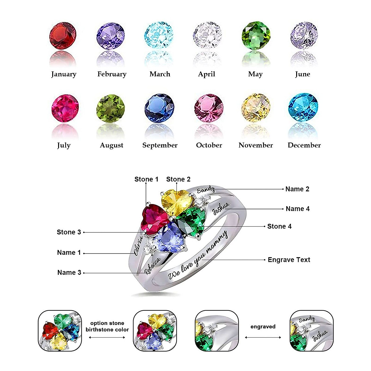 Personalized 4 Birthstone Rings for Mothers 925 Sterling Silver Birthday Mothers Day Gifts, Mothers Rings Family Rings with Birthstones for Mom Custom Birth Stone Rings for Women Grandma Wife Nana