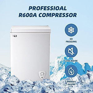 5.0 Cubic Feet Deep Chest Freezer Compact Freezers with Adjustable Thermostat Top Open Door Freezer Compressor Cooling with Rmovable Storage Basket for Home Kitchen Office and Bar (Black)