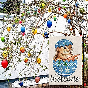 Easter Egg Bunny Garden Flag Double Sided Vertical Burlap 12×18 Inch, Welcome Spring Farmhouse Yard Outdoor Decoration DF021