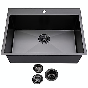 SHACO 33 Inch Black Kitchen Sink Drop In, 33x22 Large Top Mount Gunmetal Black Farmhouse Sink, Single Bowl Basin 16 Gauge SUS304 Stainless Steel Wet Bar Prep Sink