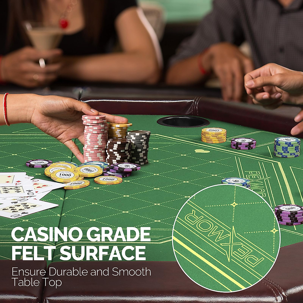 PEXMOR Foldable Poker Table, 8 Player Octagonal Folding Texas Holdem Blackjack Table w/Casino-Grade Felt, Water-Resistant Cushioned Rail, 8 Cup Holders, Portable Collapsible Legs Casino Game Table