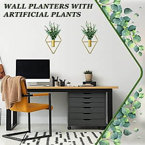 2 Pieces Wall Decor Hanging Planters with Artificial Plants Metal Hanging Vase Indoor Plants Holder Modern Geometric Wall Art for Home Bedroom Living Room Office(Eucalyptus,Gold)